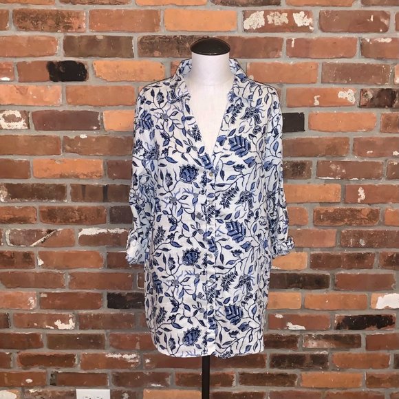 Rachel Zoe | Tops | Rachel Zoe Blue Floral Linen Button Up Blouse Size ...